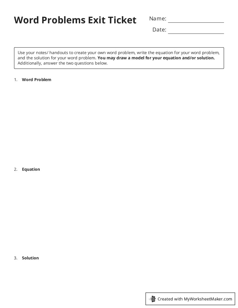 Word Problems Exit Ticket - My Worksheet Maker: Create Your Own Worksheets