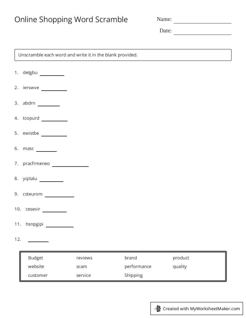 Online Shopping Word Scramble - My Worksheet Maker: Create Your Own ...
