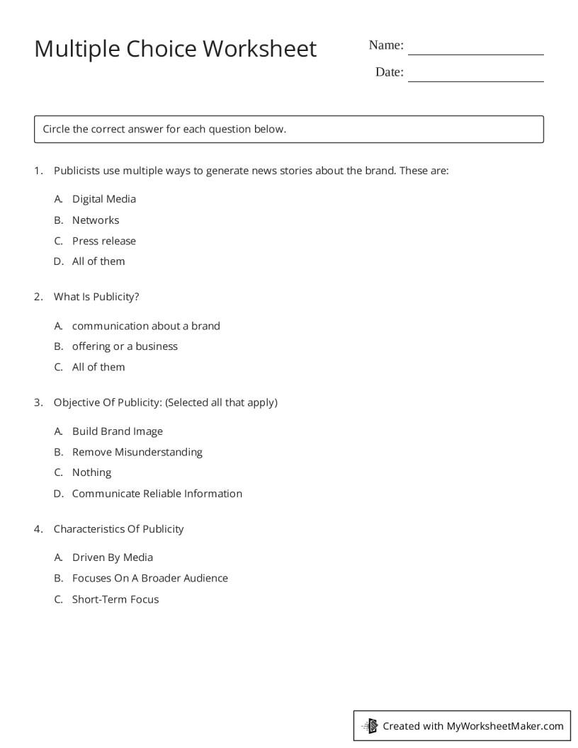 Multiple Choice Worksheet - My Worksheet Maker: Create Your Own Worksheets