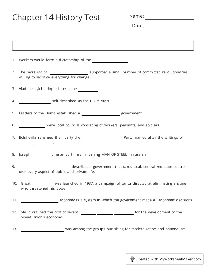 Chapter 14 History Test - My Worksheet Maker: Create Your Own Worksheets
