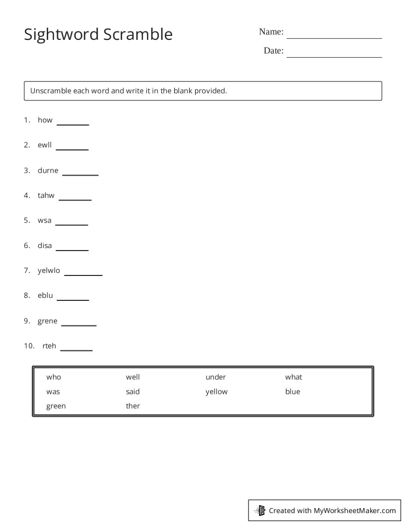 Sightword Scramble - My Worksheet Maker: Create Your Own Worksheets