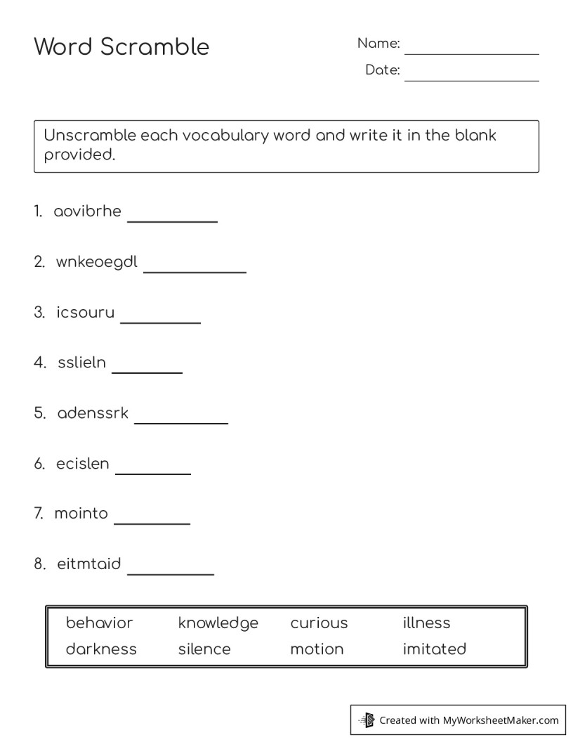 Word Scramble - My Worksheet Maker: Create Your Own Worksheets