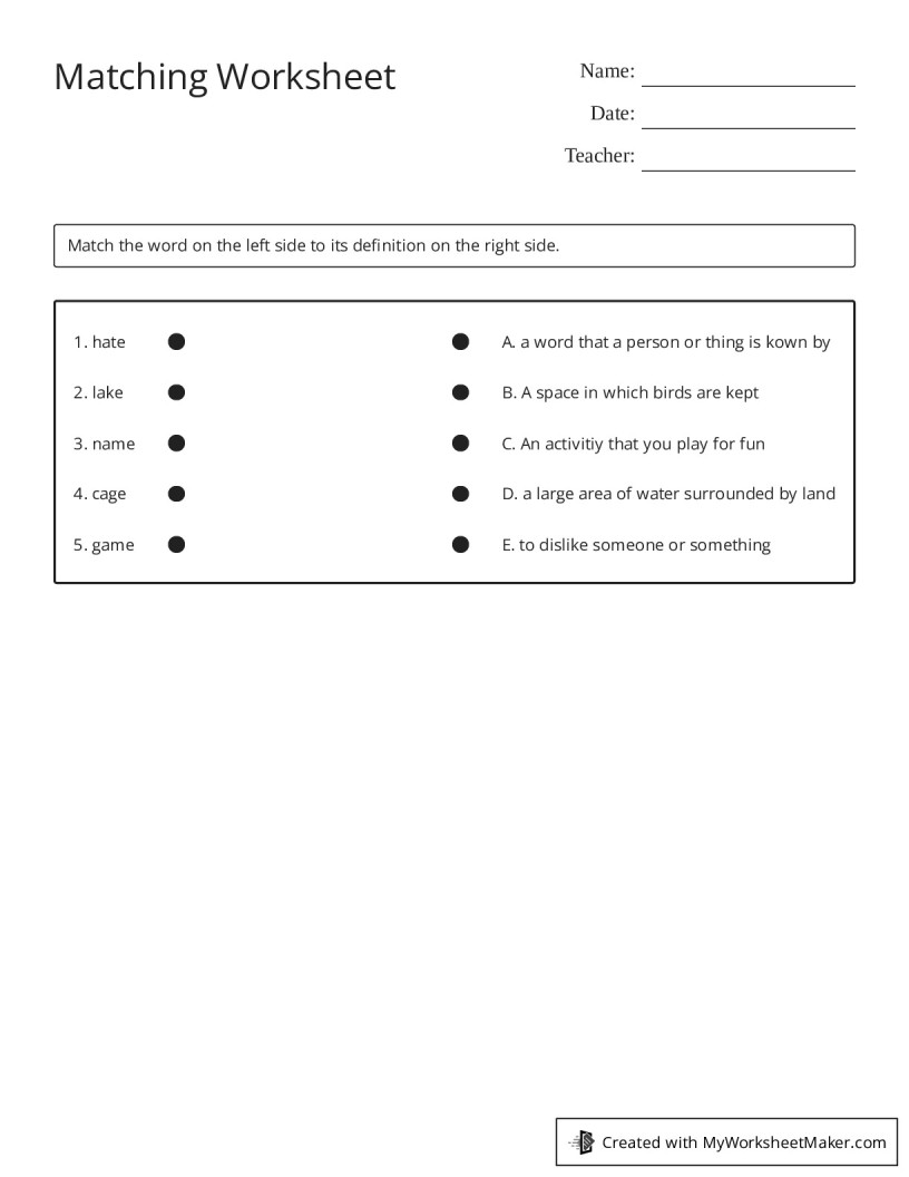 Matching Worksheet - My Worksheet Maker: Create Your Own Worksheets
