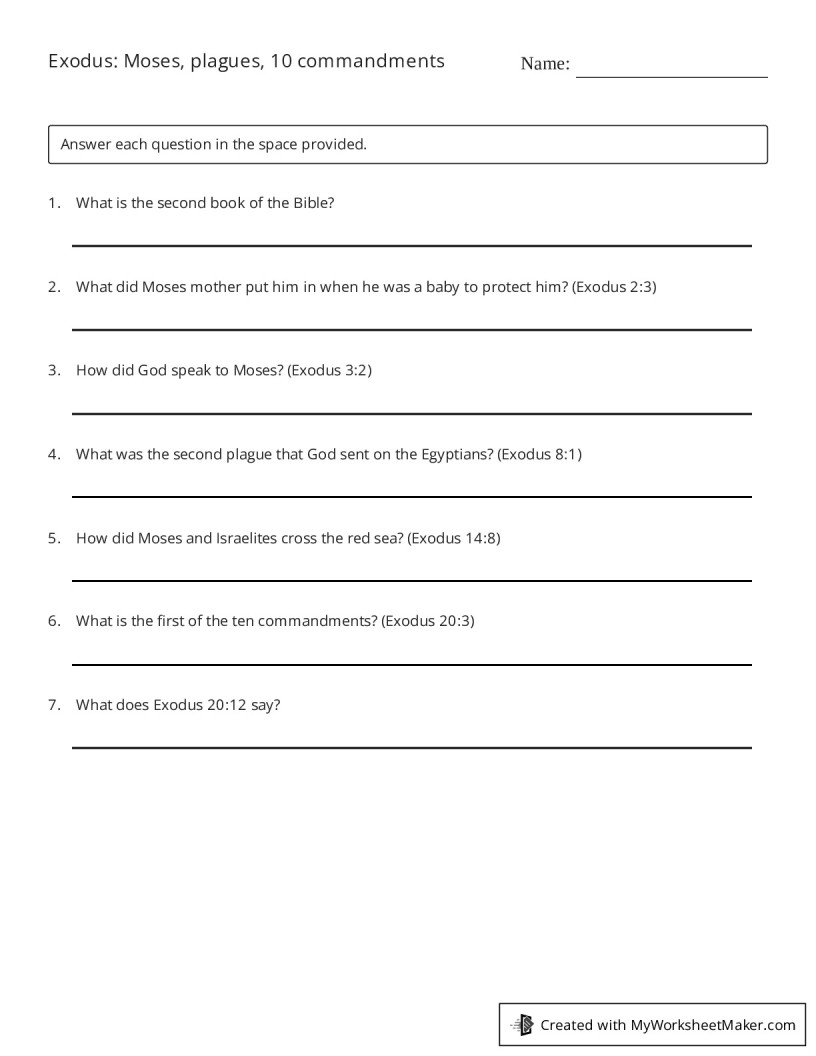 Exodus: Moses, plagues, 10 commandments - My Worksheet Maker: Create ...