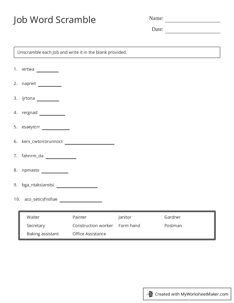 Job Word Scramble - My Worksheet Maker: Create Your Own Worksheets