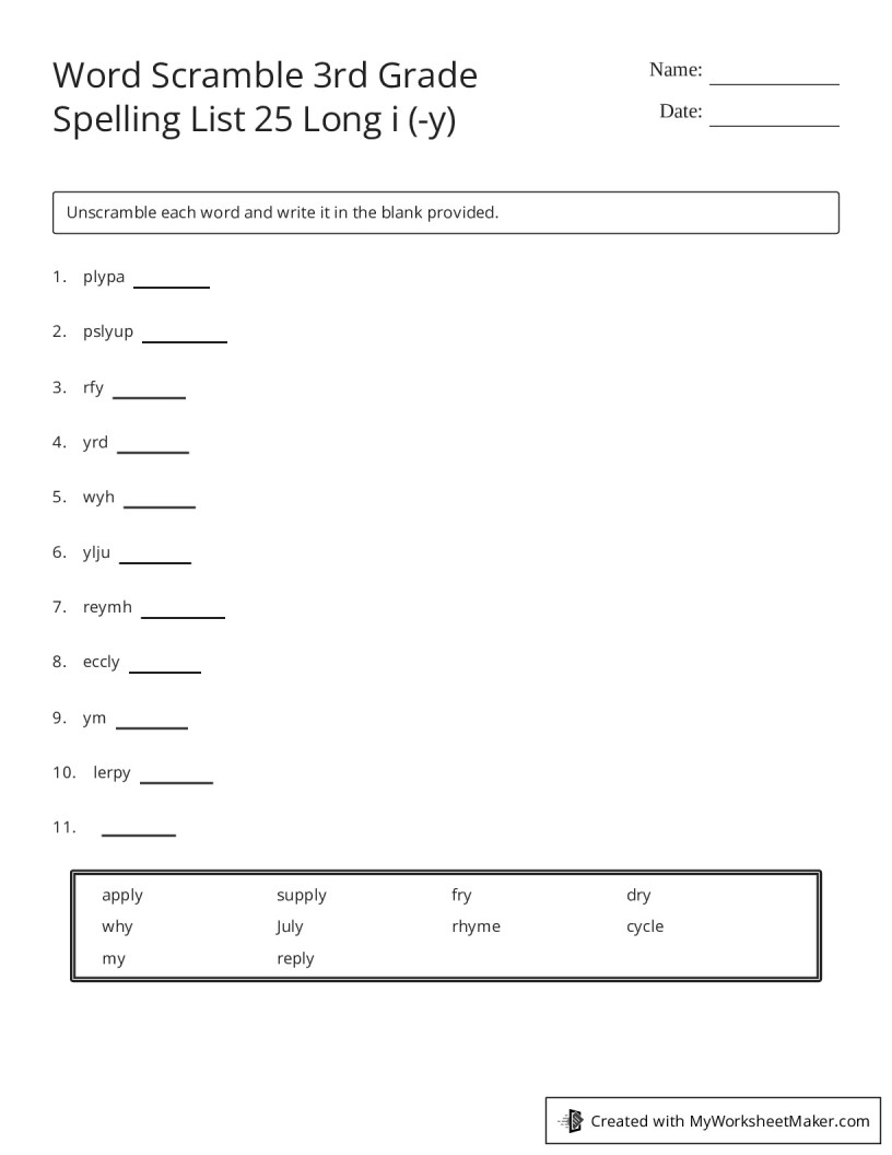 Word Scramble 3rd Grade Spelling List 25 Long i (-y) - My Worksheet ...