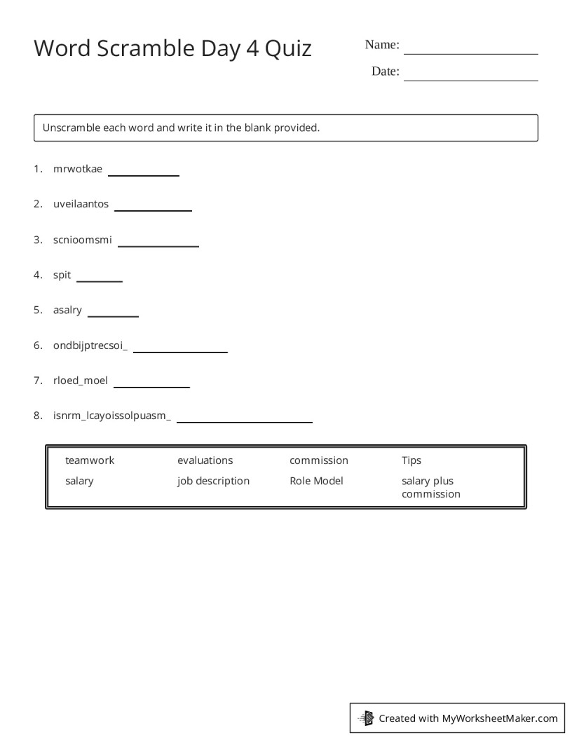 Word Scramble Day 4 Quiz - My Worksheet Maker: Create Your Own Worksheets