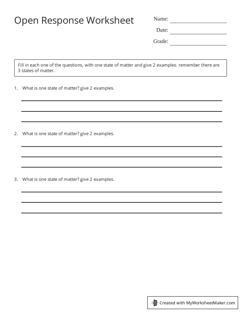 Open Response Worksheet - My Worksheet Maker: Create Your Own Worksheets