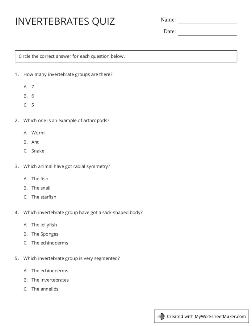 INVERTEBRATES QUIZ - My Worksheet Maker: Create Your Own Worksheets