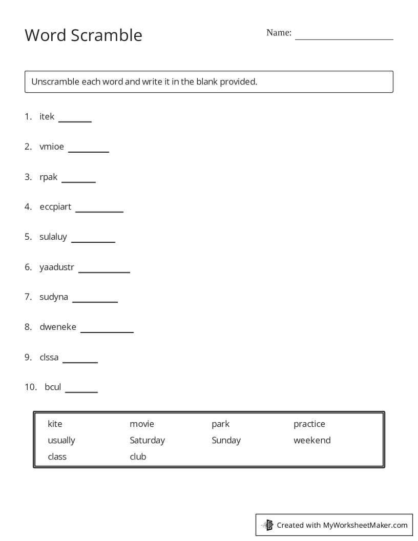 Word Scramble - My Worksheet Maker: Create Your Own Worksheets