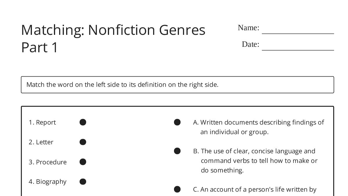 Matching: Nonfiction Genres Part 1 - My Worksheet Maker: Create Your ...