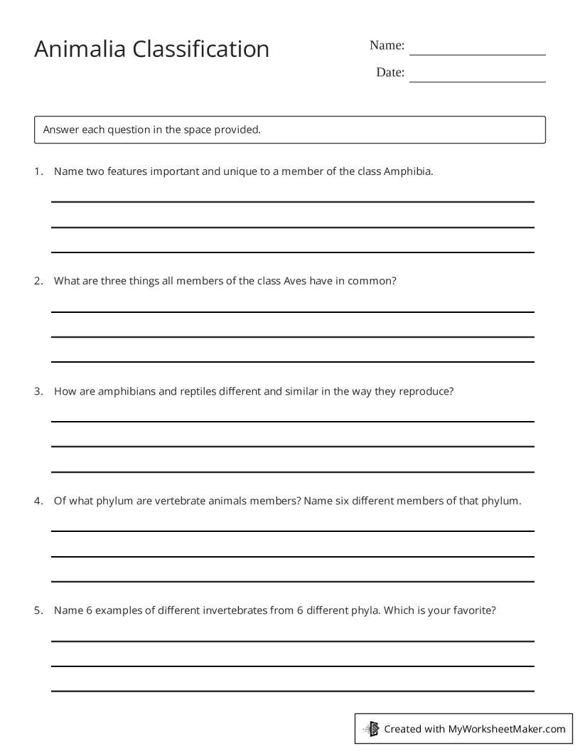 Animalia Classification - My Worksheet Maker: Create Your Own Worksheets