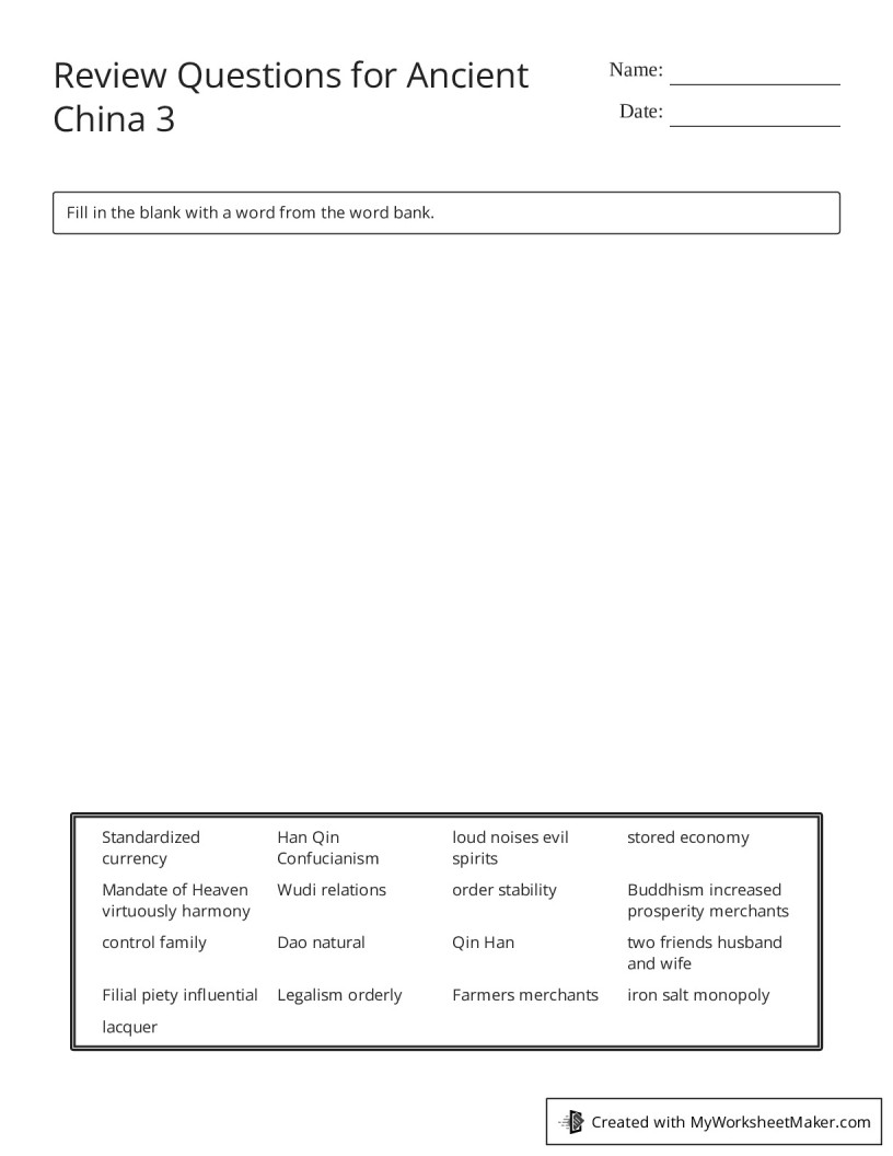 Review Questions for Ancient China 3 - My Worksheet Maker: Create Your ...