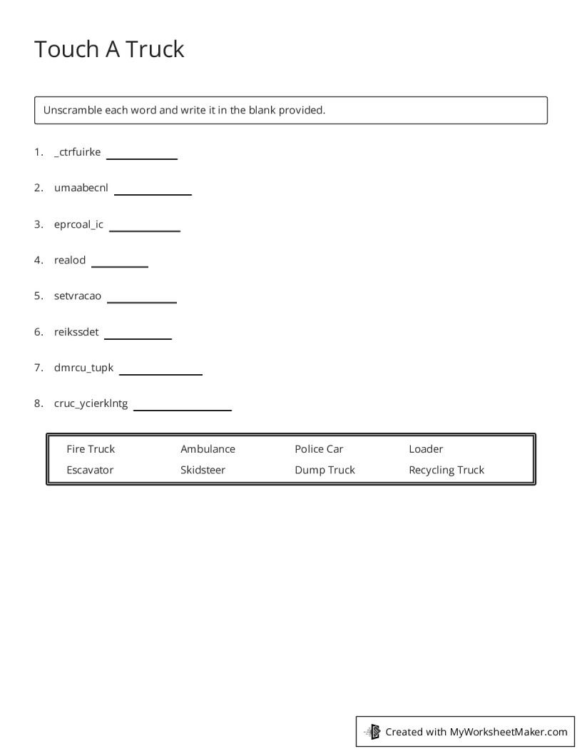 Touch A Truck - My Worksheet Maker: Create Your Own Worksheets