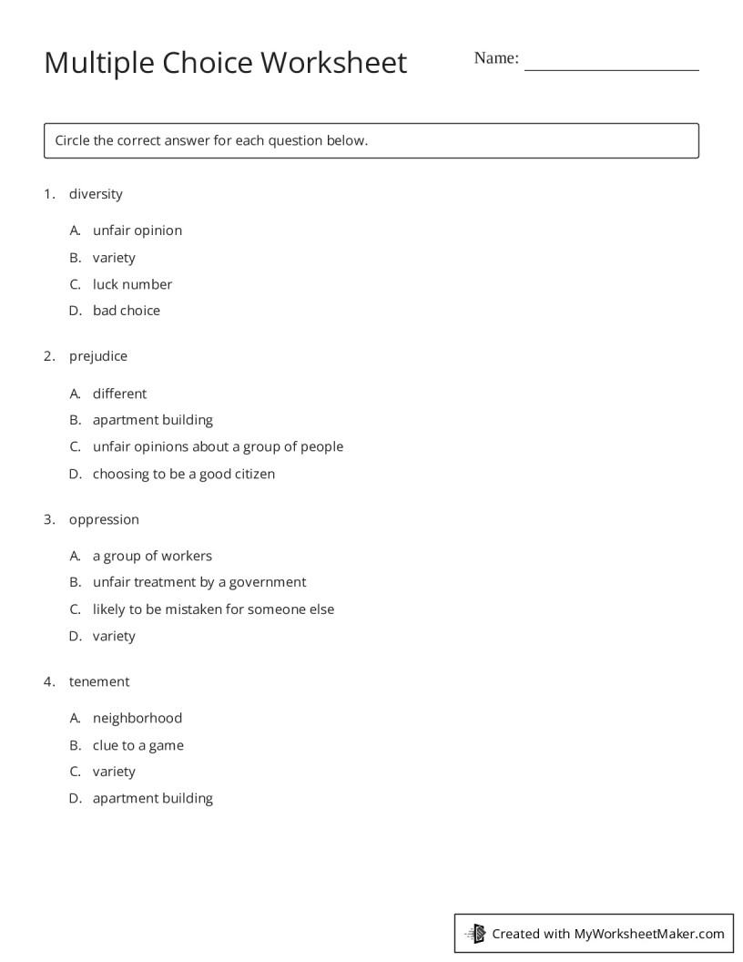Multiple Choice Worksheet - My Worksheet Maker: Create Your Own Worksheets