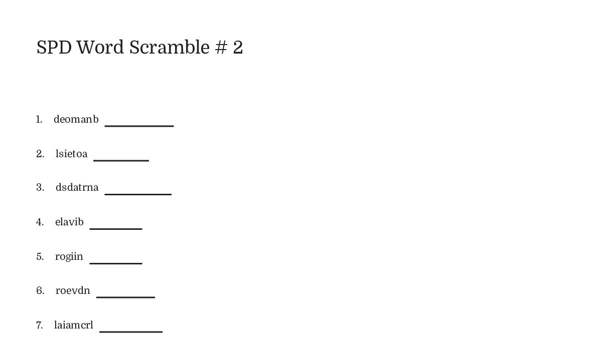 SPD Word Scramble # 2 - My Worksheet Maker: Create Your Own Worksheets