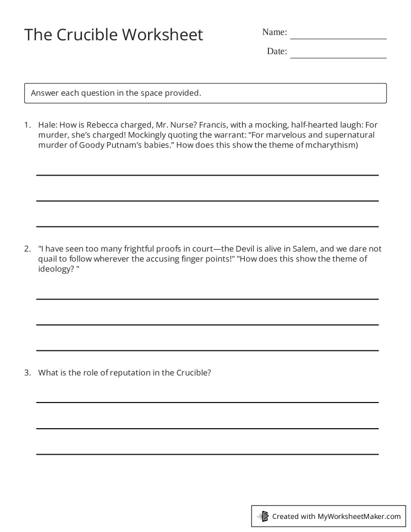 The Crucible Worksheet - My Worksheet Maker: Create Your Own Worksheets