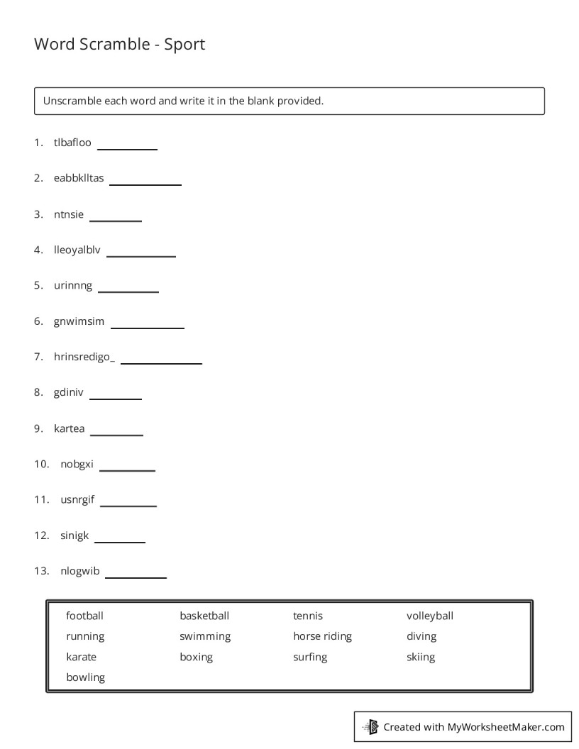 Word Scramble - Sport - My Worksheet Maker: Create Your Own Worksheets
