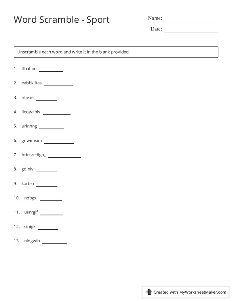 Word Scramble - Sport - My Worksheet Maker: Create Your Own Worksheets