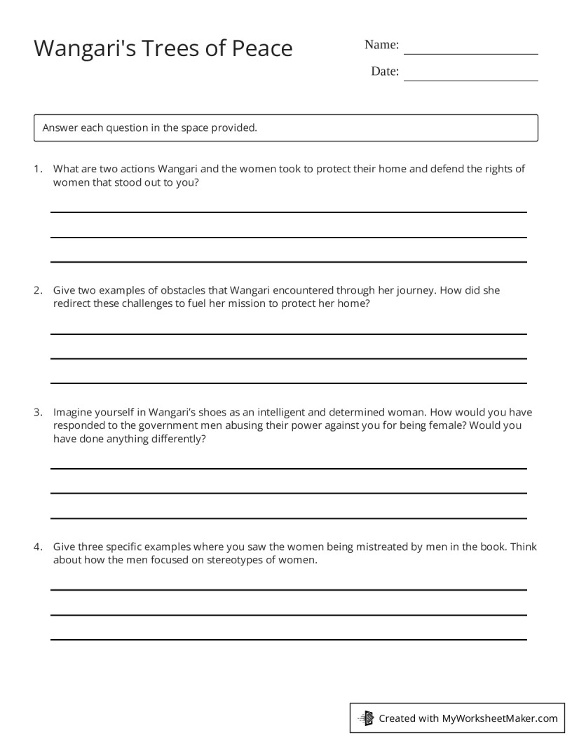 Wangari's Trees of Peace - My Worksheet Maker: Create Your Own Worksheets