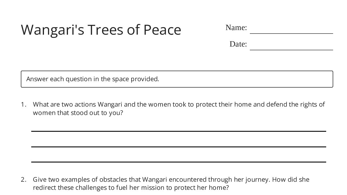 Wangari's Trees of Peace - My Worksheet Maker: Create Your Own Worksheets