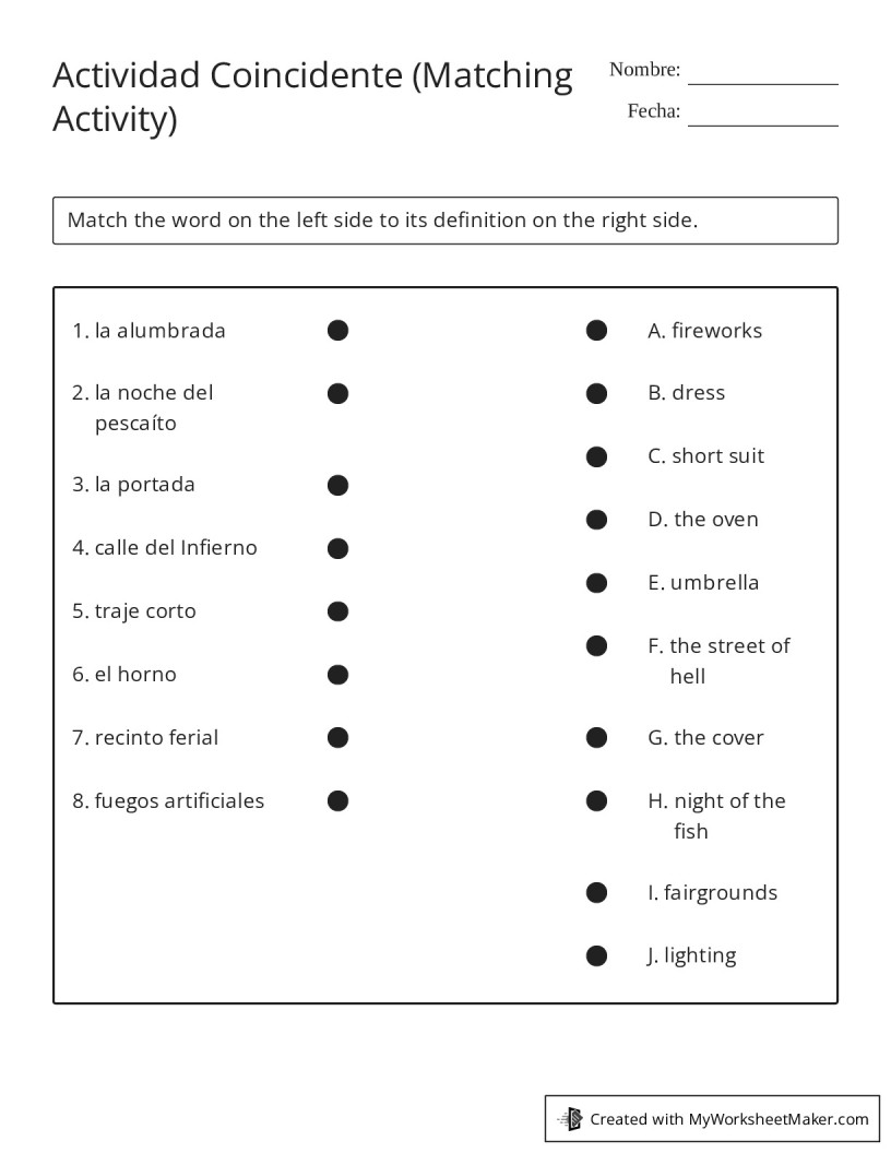 Actividad Coincidente (Matching Activity) - My Worksheet Maker: Create ...