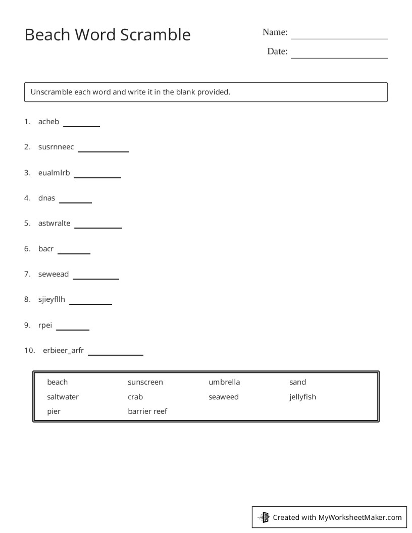 Beach Word Scramble - My Worksheet Maker: Create Your Own Worksheets