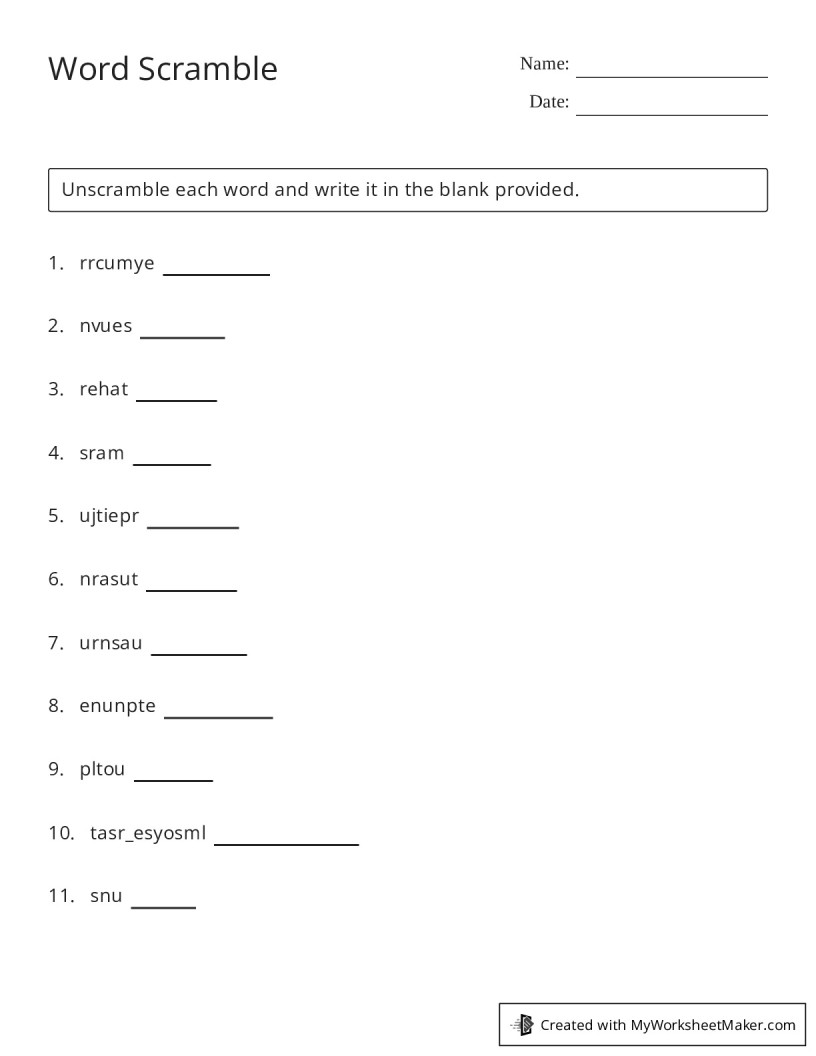 Word Scramble - My Worksheet Maker: Create Your Own Worksheets
