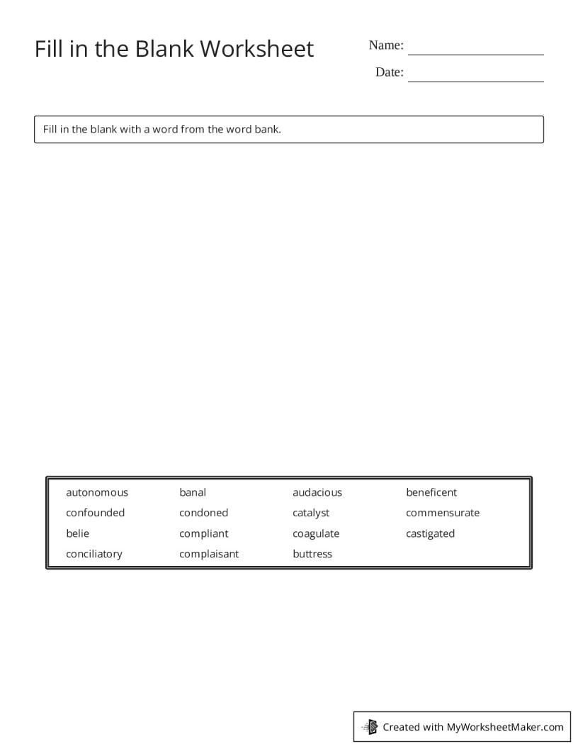 Fill in the Blank Worksheet - My Worksheet Maker: Create Your Own ...