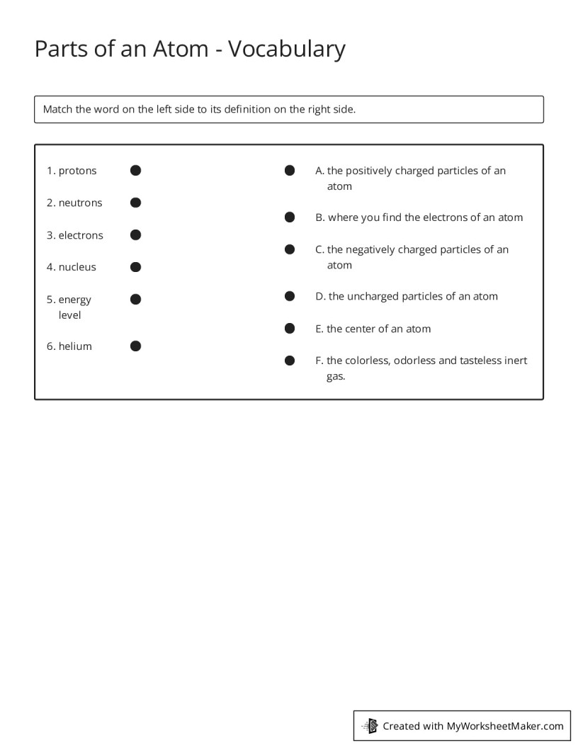 Parts of an Atom - Vocabulary - My Worksheet Maker: Create Your Own ...
