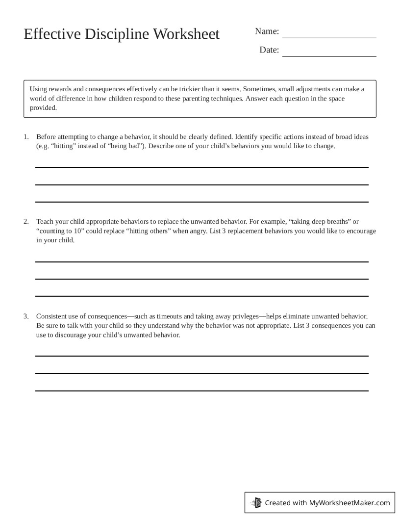 Effective Discipline Worksheet - My Worksheet Maker: Create Your Own ...