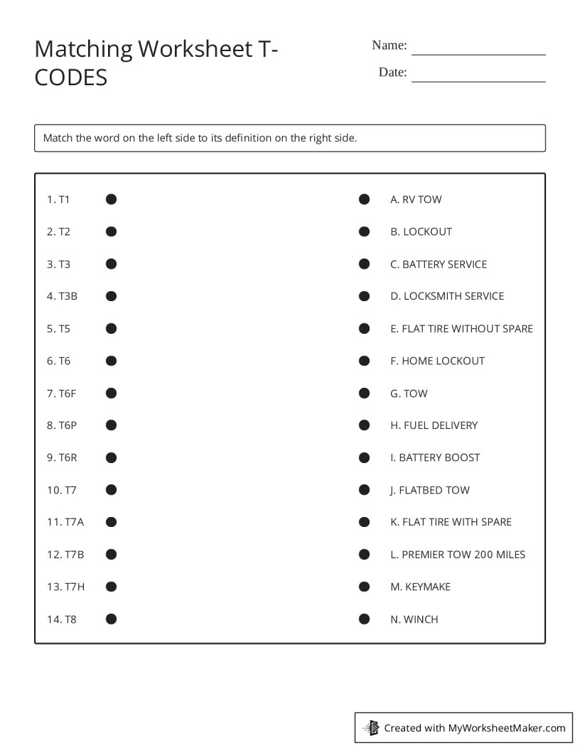Matching Worksheet T-CODES - My Worksheet Maker: Create Your Own Worksheets
