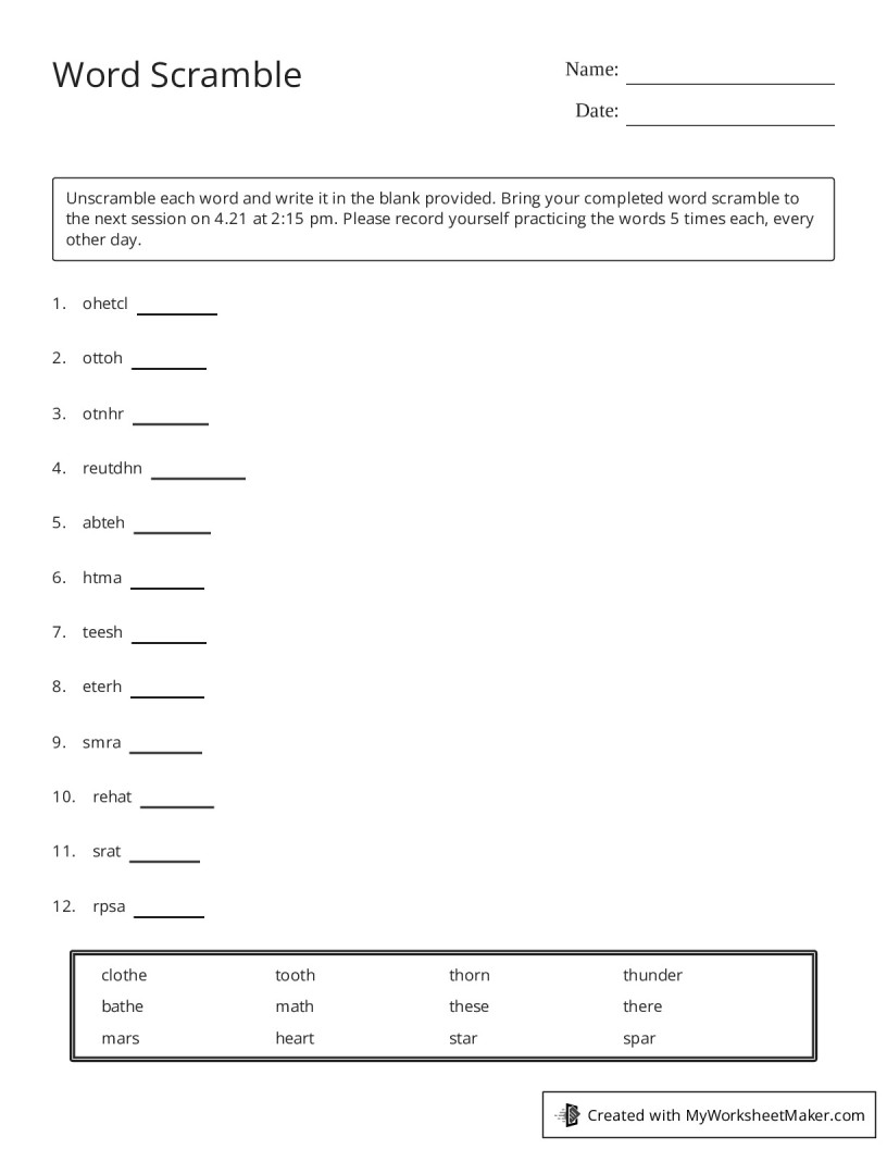Word Scramble - My Worksheet Maker: Create Your Own Worksheets