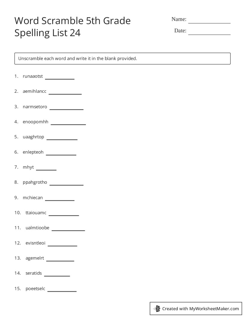 Word Scramble 5th Grade Spelling List 24 - My Worksheet Maker: Create ...