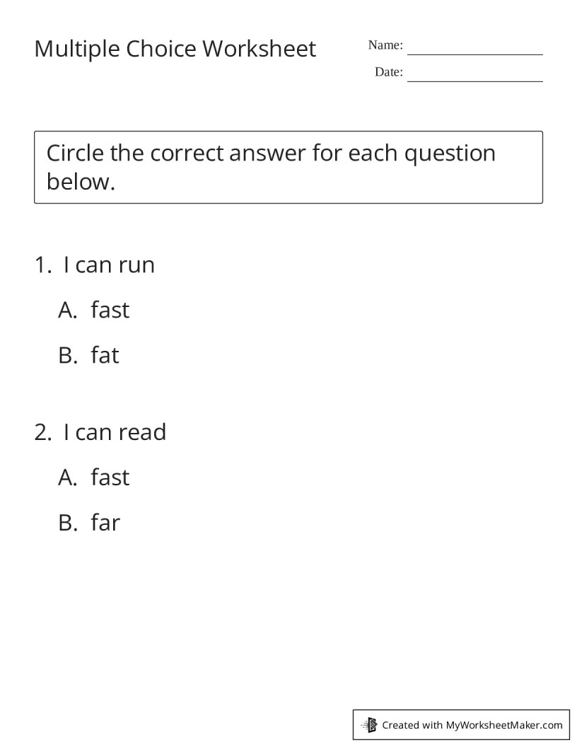 Multiple Choice Worksheet - My Worksheet Maker: Create Your Own Worksheets