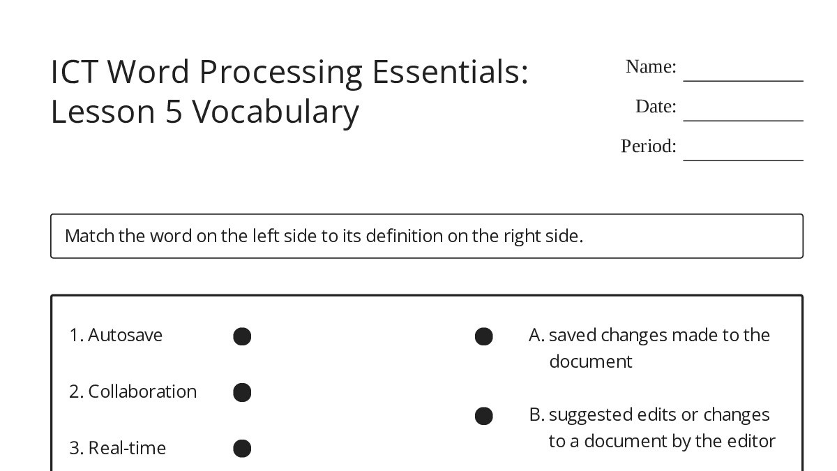 ICT Word Processing Essentials: Lesson 5 Vocabulary - My Worksheet ...