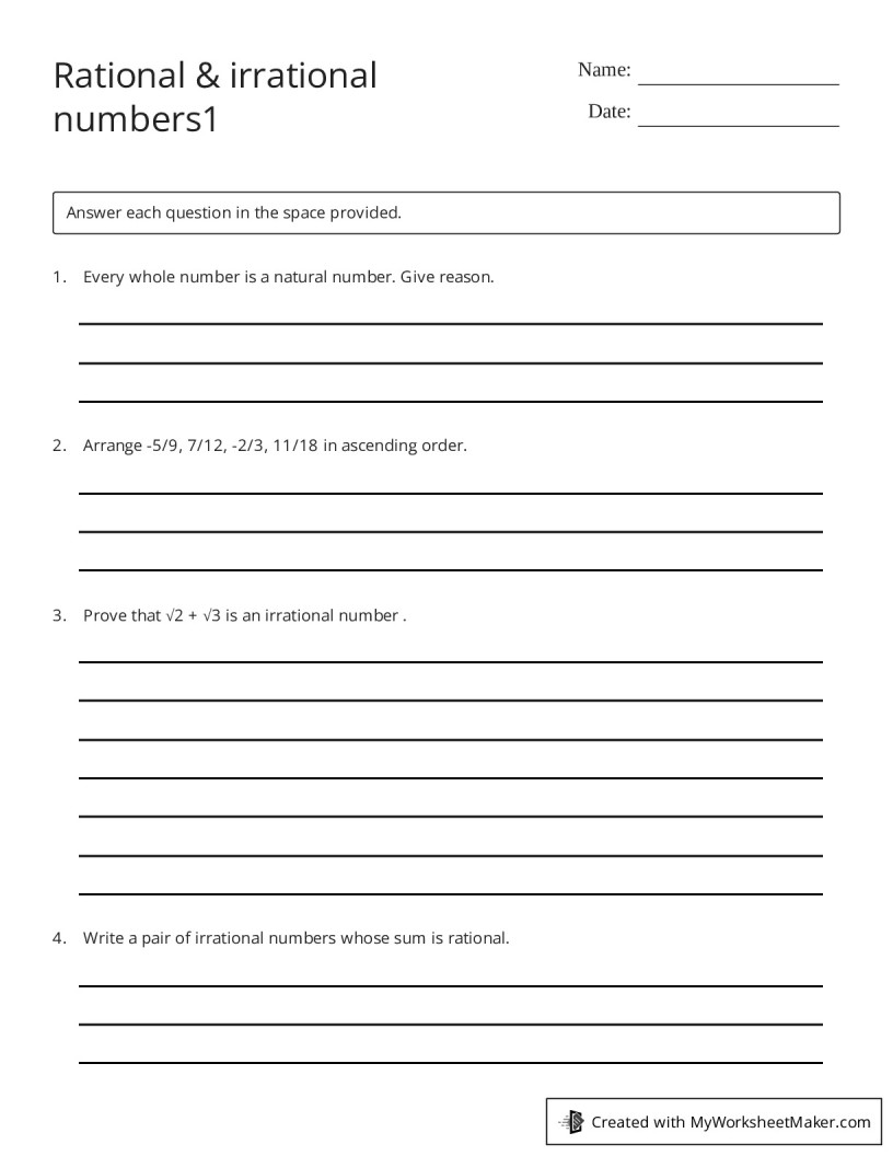 Rational & irrational numbers1 - My Worksheet Maker: Create Your Own ...