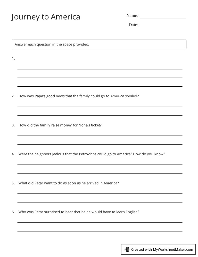 Journey to America - My Worksheet Maker: Create Your Own Worksheets