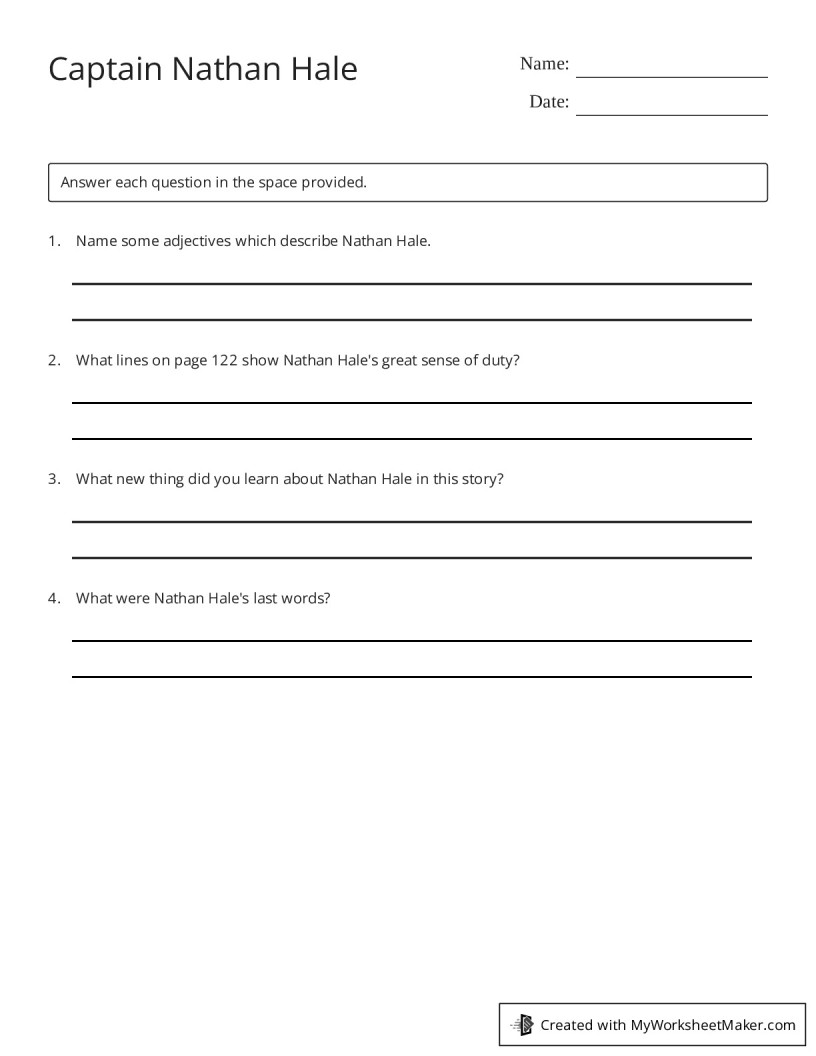 Captain Nathan Hale - My Worksheet Maker: Create Your Own Worksheets