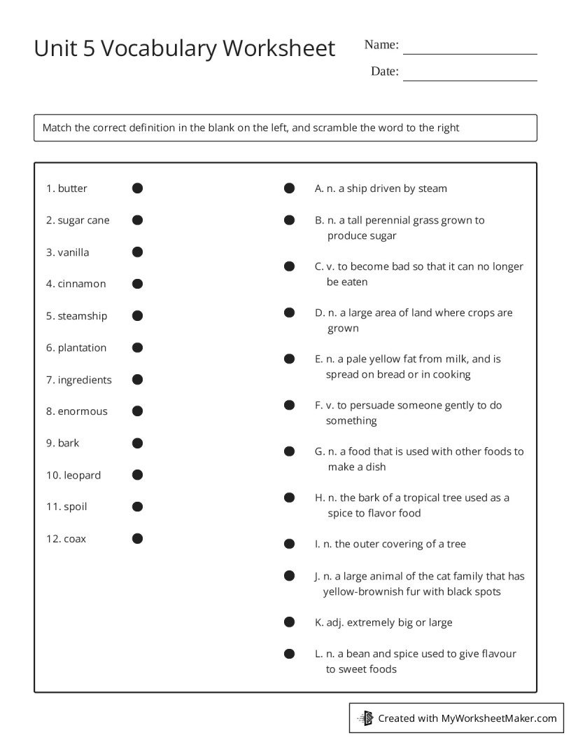 Unit 5 Vocabulary Worksheet - My Worksheet Maker: Create Your Own ...