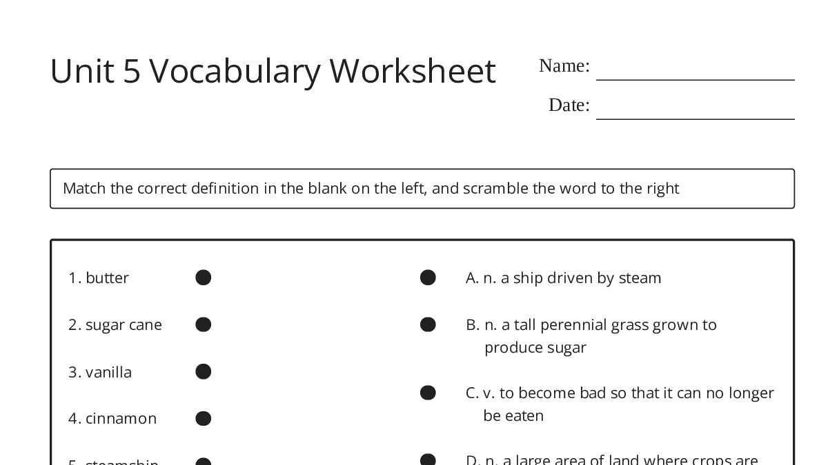 Unit 5 Vocabulary Worksheet - My Worksheet Maker: Create Your Own ...