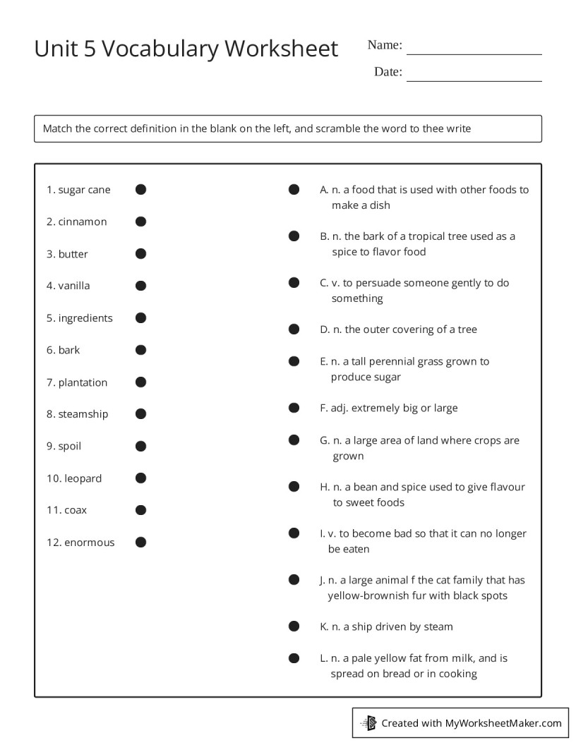 Unit 5 Vocabulary Worksheet - My Worksheet Maker: Create Your Own ...