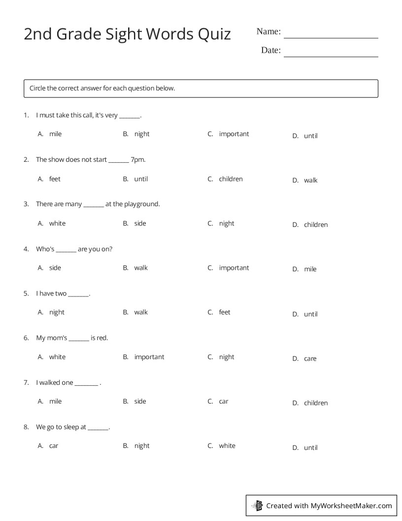 2nd Grade Sight Words Quiz - My Worksheet Maker: Create Your Own Worksheets