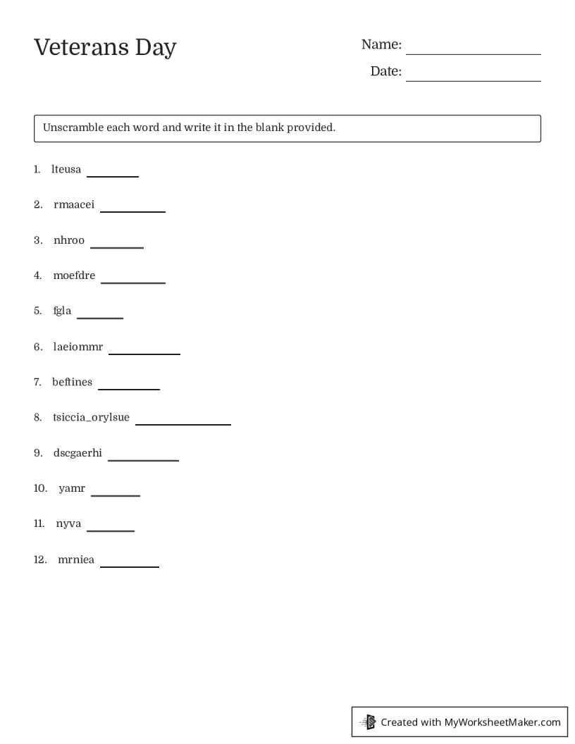 Veterans Day - My Worksheet Maker: Create Your Own Worksheets