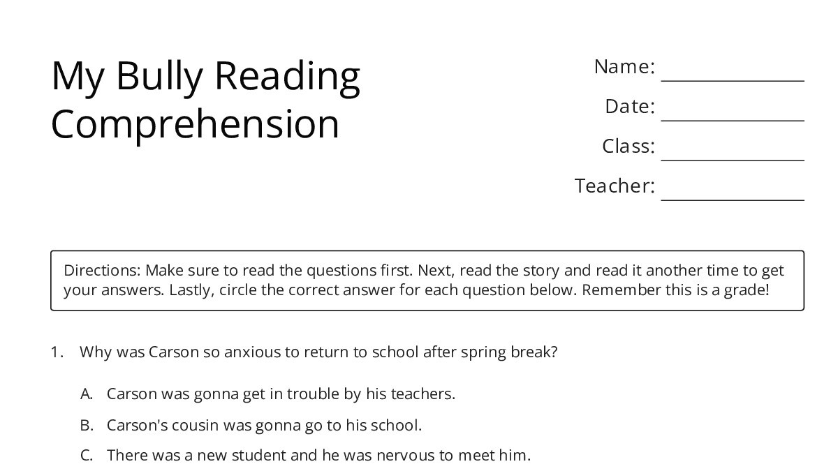 My Bully Reading Comprehension - My Worksheet Maker: Create Your Own ...
