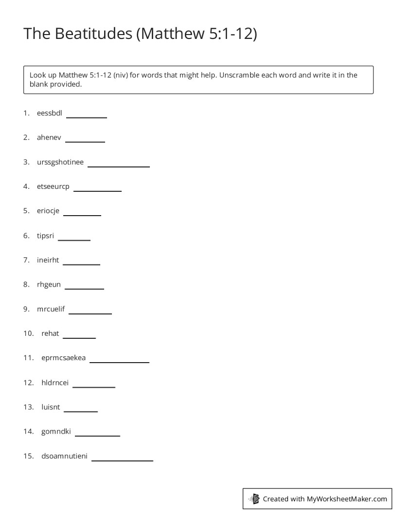 The Beatitudes (Matthew 5:1-12) - My Worksheet Maker: Create Your Own ...