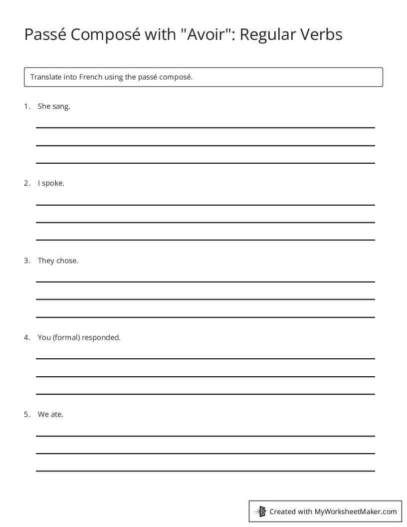 Passé Composé with "Avoir": Regular Verbs - My Worksheet Maker: Create ...