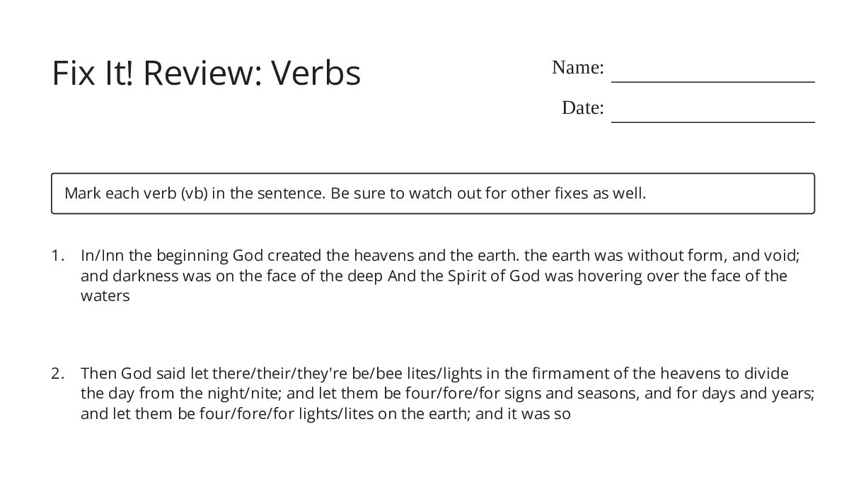 Fix It! Review: Verbs - My Worksheet Maker: Create Your Own Worksheets