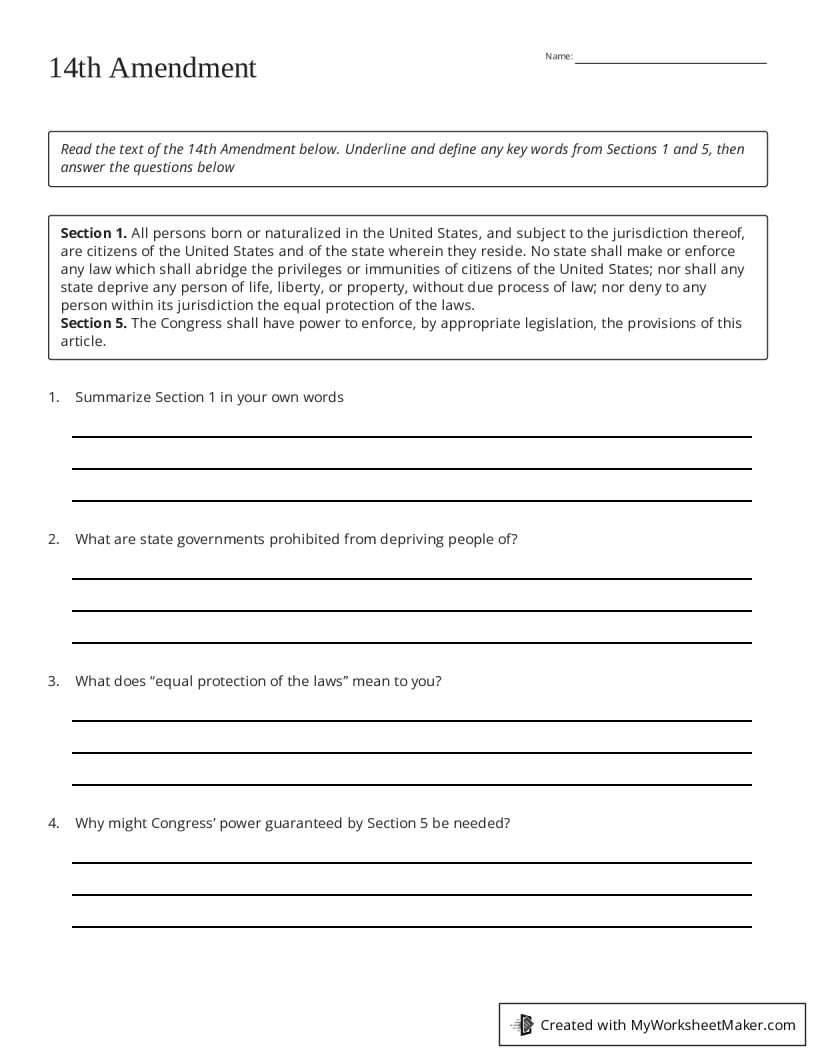 14th Amendment - My Worksheet Maker: Create Your Own Worksheets