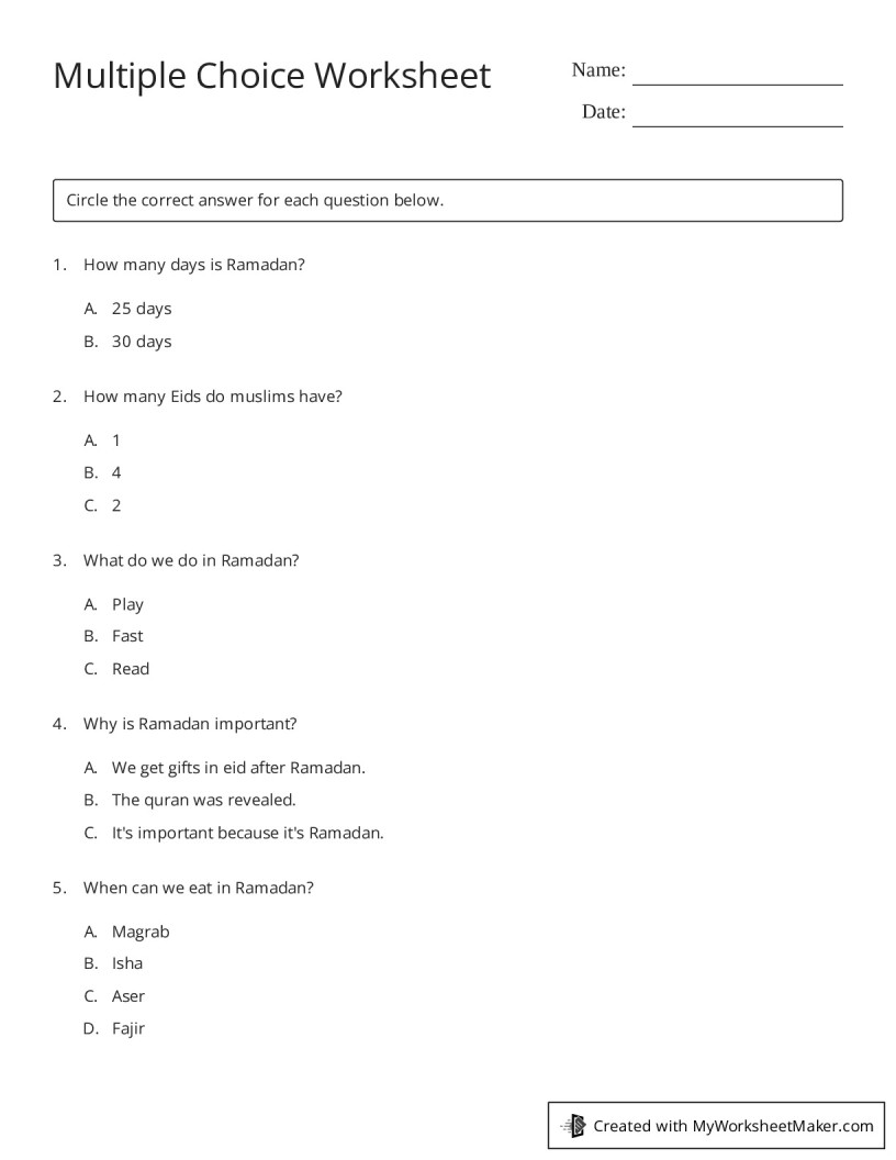 Multiple Choice Worksheet - My Worksheet Maker: Create Your Own Worksheets